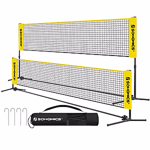 SONGMICS 16.5 ft Badminton Net, Height Adjustable Volleyball Net, Pickleball Net with Poles, Foldable Nylon Net for Tennis Indoor Outdoor Court, Yellow and Black USYQ500Y