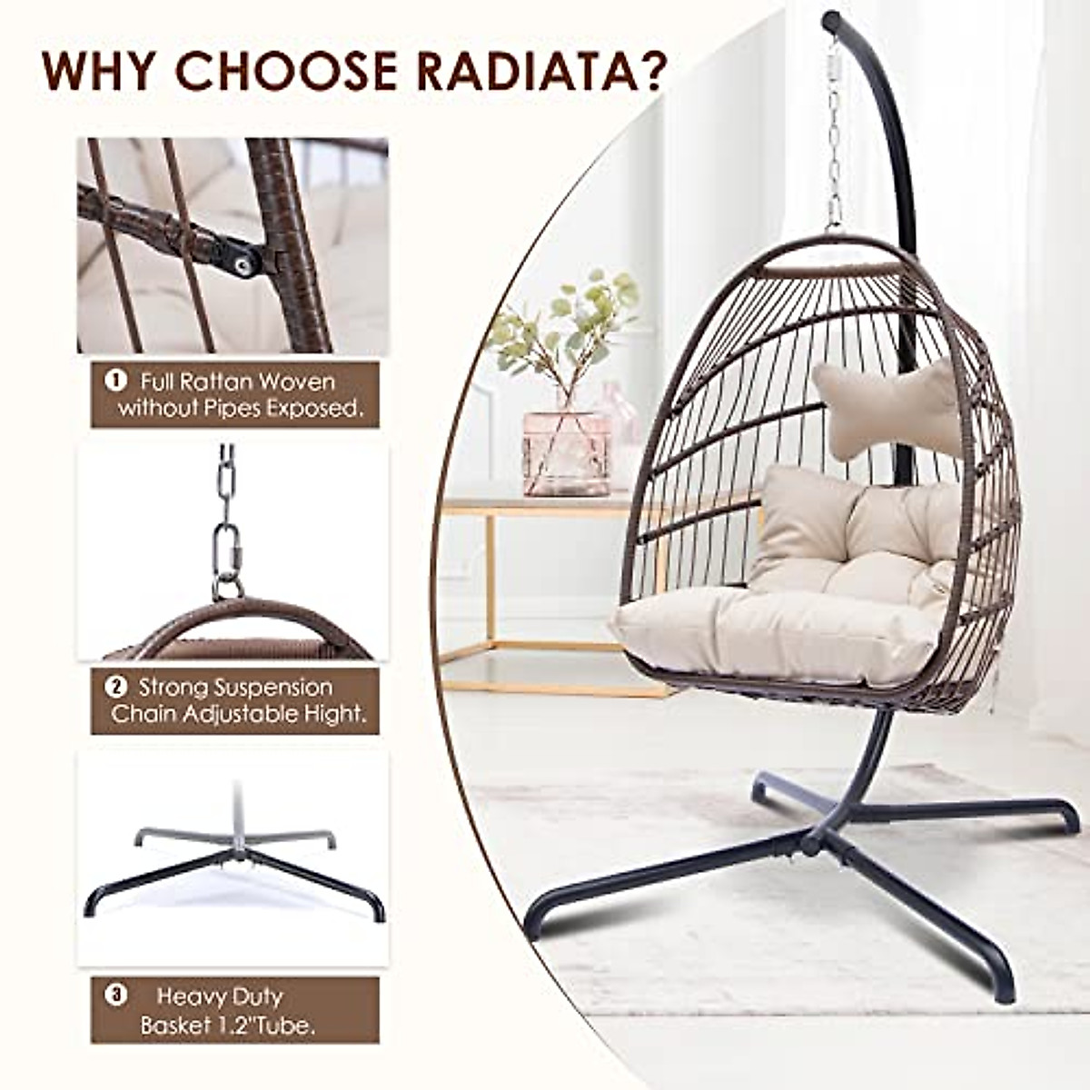RADIATA Foldable Wicker Rattan Hanging Egg Chair with Stand, Swing Chair with Cushion and Pillow, Lounging Chair for Indoor Outdoor Bedroom Patio Garden (Brown)