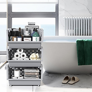 Udotry 4 Packs Plastic Stackable Storage Bins, Large Stacking Storage Baskets, Gray