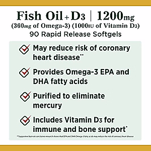 Nature's Bounty Fish Oil plus D3, Contains Omega 3, Immune Support & Supports Heart Health, 1200mg Fish Oil, 360mg Omega 3, 1000IU Vitamin D3, 90 Softgels