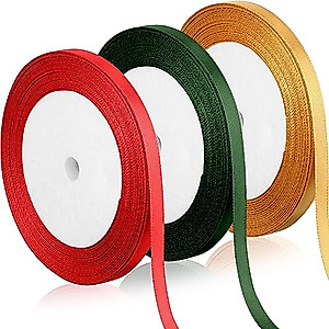 WILLBOND 3 Rolls 75 Yards Valentine‘s Day Ribbons 1/4 Inch Satin Wide Valentines Ribbon Double Face Solid Color Satin for Gift Wrapping Wedding DIY Decoration Favors(Red, Green, Gold)