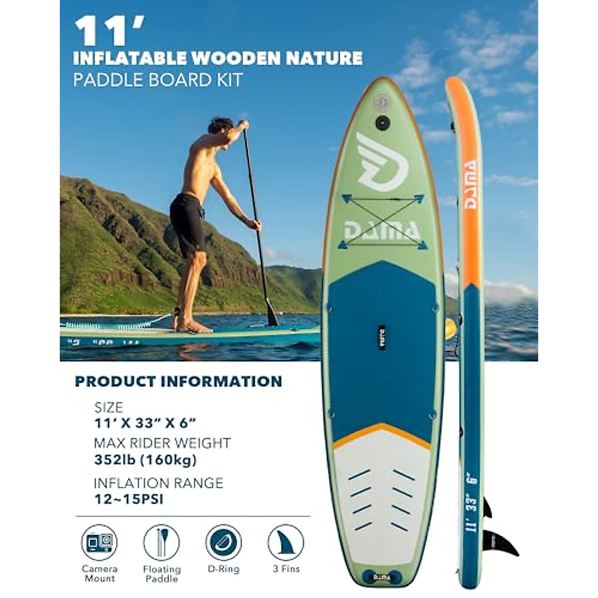 DAMA Inflatable Stand Up Paddle Board 11'x33" x6", Inflatable Yoga Board, Dry Bags, Camera Seat, Floating Paddle, Hand Pump, Board Carrier, Durable & Stable for 3 People
