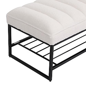 Homaddition Entryway Bench with Shoe Storage, 52" Thickened Cushion Sherpa Upholstered Channel Tufted Ottoman Bench with Shoe Rack, End of Bed Bench for Bedroom (White Sherpa with Shoe Rack)
