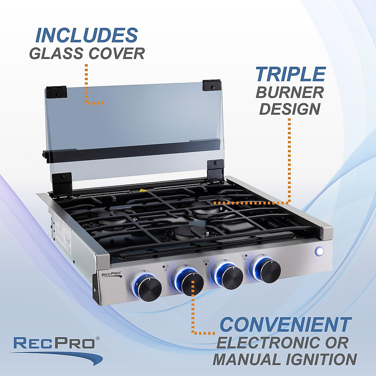 RecPro RV Built In Gas Cooktop | 2 Burner or 3 Burner | RV Cooktop Stove | 6,500 and 8,000 BTU Burners | Cover Included (Stainless Steel, 3-Burner)