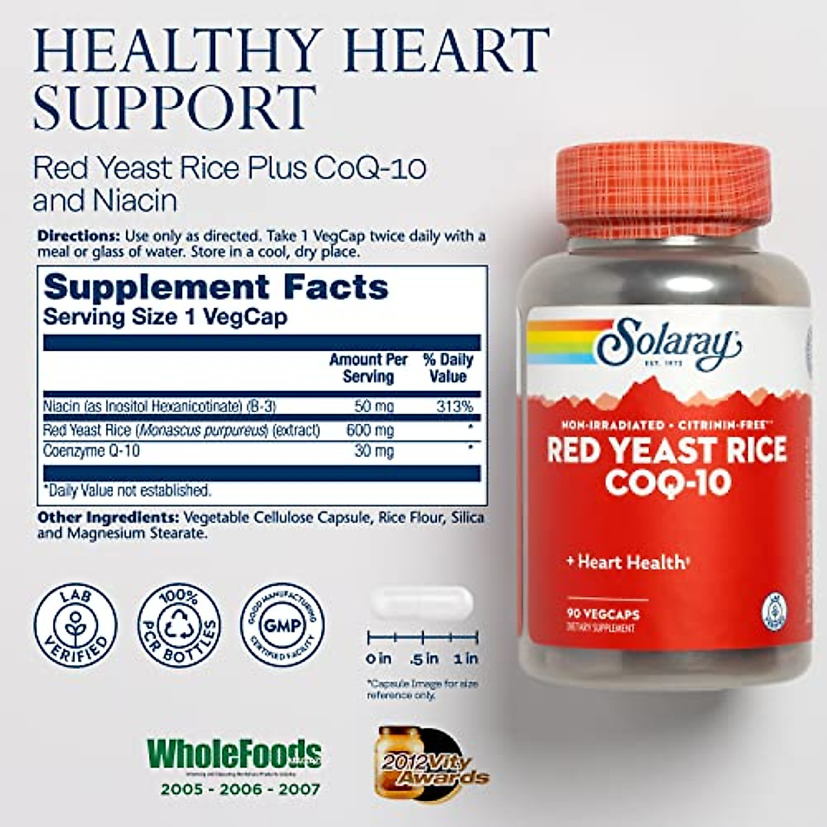 SOLARAY Red Yeast Rice Plus CoQ-10 & No-Flush Niacin Vitamin B-3, Healthy Heart & Cardiovascular Support, Non-Irradiated & Citrinin Free, 60 Day Money Back Guarantee, 90 Servings, 90 VegCaps