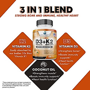 Vitamin D3 K2 (MK-7), Vitamin D3 (5000IU) + K2 (MK-7) 200mcg w/ Organic Coconut Oil, Vitamin D3 + K2, Vitamin D3 + K2, Vitamin K2 D3, Immune & Bone Health, No Fillers, Made in USA, 120 Veggie Capsule