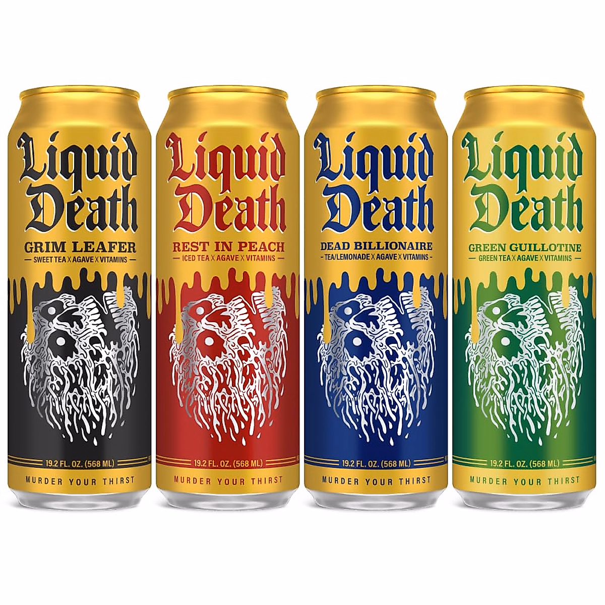 Liquid Death Iced Tea Variety 12-Pack (19.2 Oz Cans) (Grim Leafer, rest in Peach, Dead Billionaire, Green Guillotine)