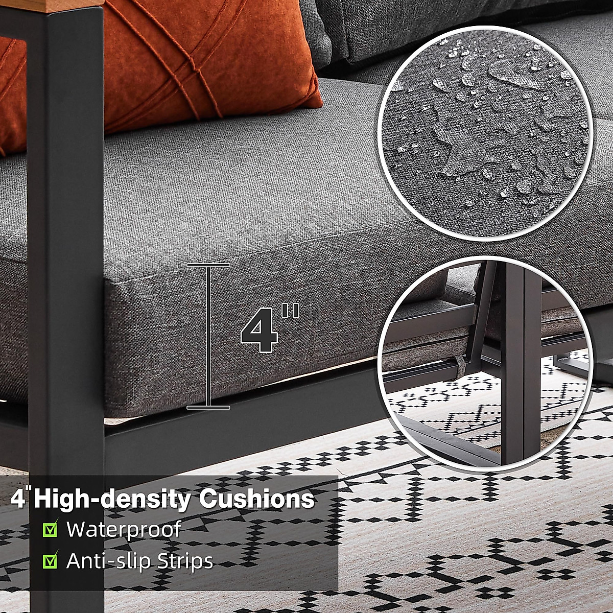 COMLAX FIELD Patio Furniture Set, 4 Pieces Outdoor Patio Furniture with Table Set, Metal Patio Conversation Sets with Washable and High-Resiliency Sponge Cushions, Grey