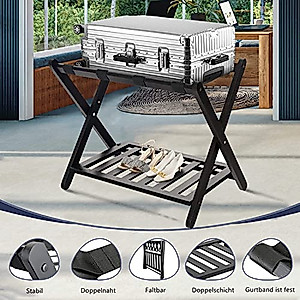 MYOYAY Folding Luggage Rack Bamboo Wood Collapsible Suitcase Stand with Shelf Portable Luggage Holder Ideal for Guest Room Bedroom Hotel, Black