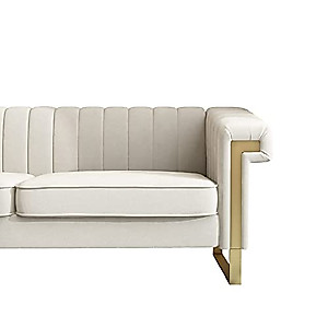 Chesterfield Sofa with Tufted Velvet Upholstered,Modern Velvet Couch with Flared Arms and Removable Cushions,83.85 Inch Width Living Room Furniture,Solid Wood Frame and Gold Legs(Beige)