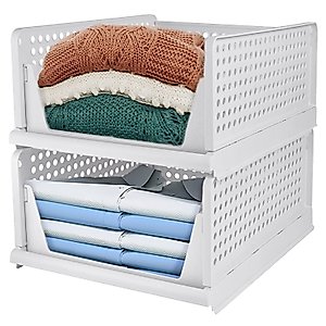 mupera Storage Drawers Clothes Stackable - White Plastic Folding Storage Plastic Bin, Push-pull Clothes Organizer Shelf, Collapsible Storage Box for Wardrobe Bathroom Kitchen Office(2 Pack L)