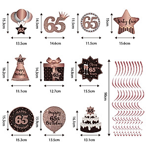 Happy 65th Birthday Party Hanging Swirls Streams Ceiling Decorations, Celebration 65 Foil Hanging Swirls with Cutouts for 65 Years Old Rose Gold Birthday Party Decorations Supplies