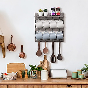 Honiter Coffee Mug Rack Wall Mounted, Rustic Wood Coffee Cup Holder Organizer with 12 Hooks and Storage Shelf , Wall Mug Rack for Display, Collection, Home Kitchen (Gray)