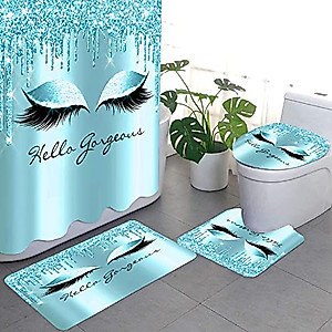 Bellcon 4Pcs Turquoise Hello Gorgeous Bathroom Sets with Rugs and Accessories for Women Lake Blue Bling Eyelash Shower Curtains Sets with Rugs Soft Bath Mat and Toilet Seat Cover