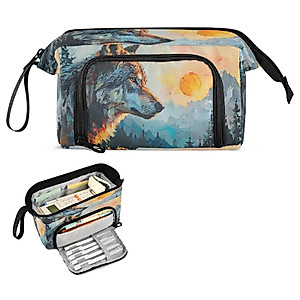 SUABO Big Capacity Pencil Case Oil Print Wolf Forest Pouch Pen Case Pencil Box Stationery Bag Makeup Bag Office Organizer for Adults