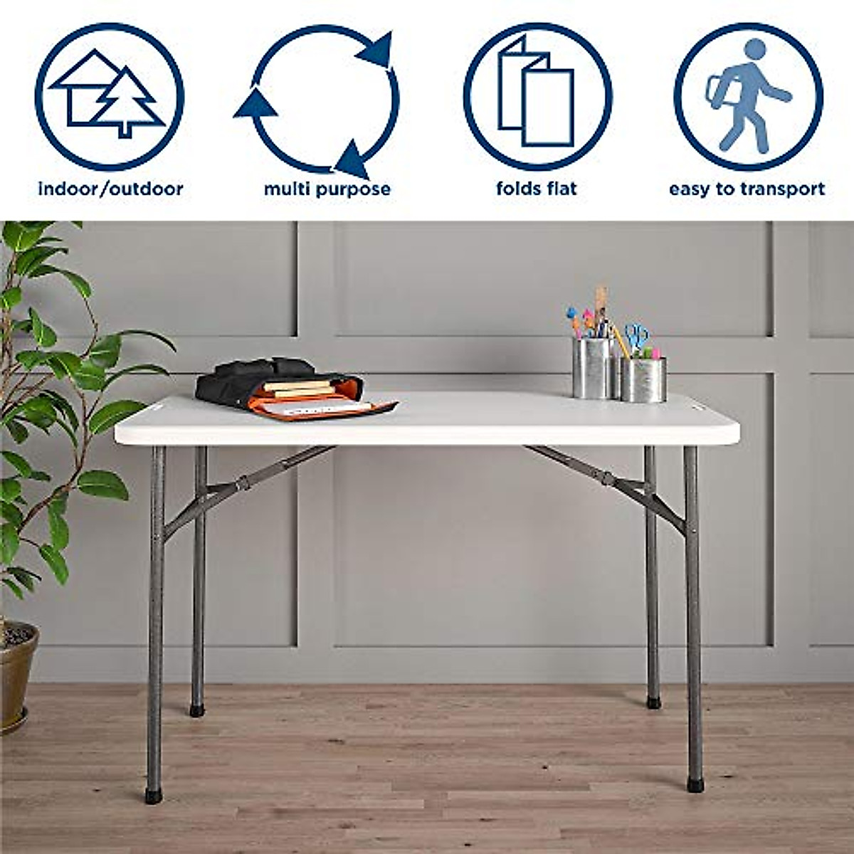 COSCO 4 ft. Straight Folding Utility Table, White, Indoor & Outdoor, Portable Desk, Camping, Tailgating, & Crafting Table