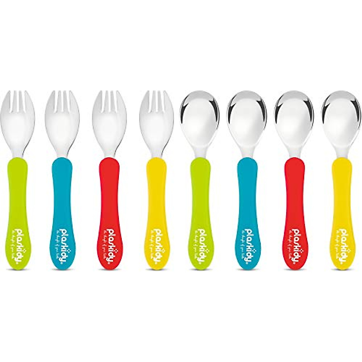 PLASKIDY Toddler Utensils Set of 8 Kids Utensils Forks and Spoons - BPA Free/Dishwasher Safe Toddlers Silverware Stainless Steel with Silicone Handle's Children's Safe Flatware Cutlery Set