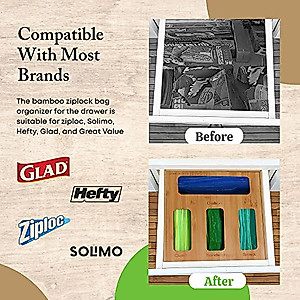 Bamboo Food Storage Bag Organizer for Kitchen Drawer Baggie Container Dispenser Food Storage Bag Holder for Sandwich - Nuts, Cookies & Snack Variety Size Bags, Compatible with Ziploc,Gallon