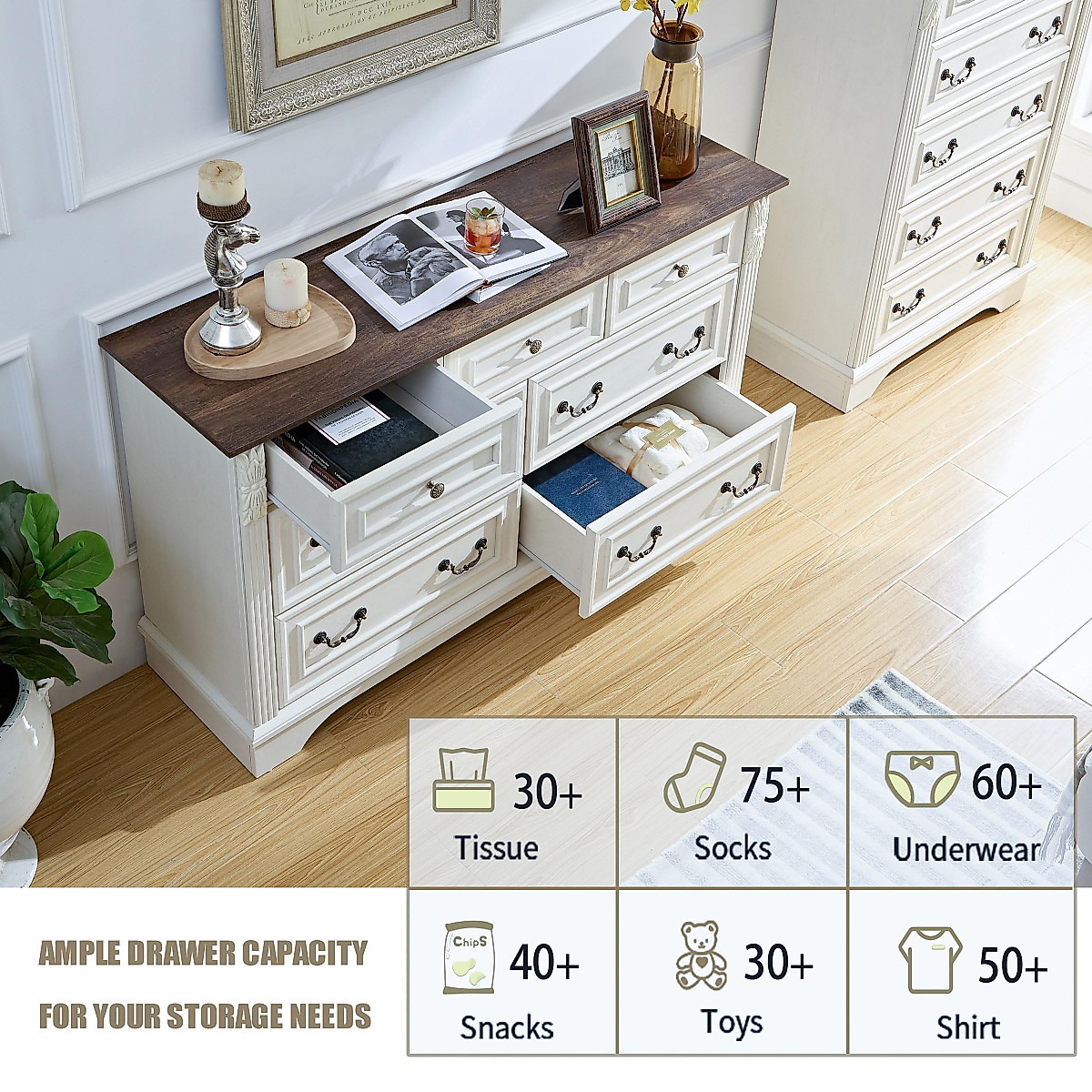BOSHIRO Farmhouse 7 Drawers Dresser, Dressers for Bedroom, 54" Wide Wood Rustic Chest of Drawers with Carved Pilasters, Storage Organizer, Living Room, Hallway, Antique White