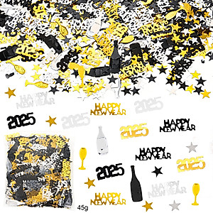 2025 New Year Party Decoration Supplies, New Years Confetti Decoration- Black, Gold, Silver Wine Bottle Glitter Sequins Star Foil Confetti for Happy New Year Eve Decorations Table Scatters