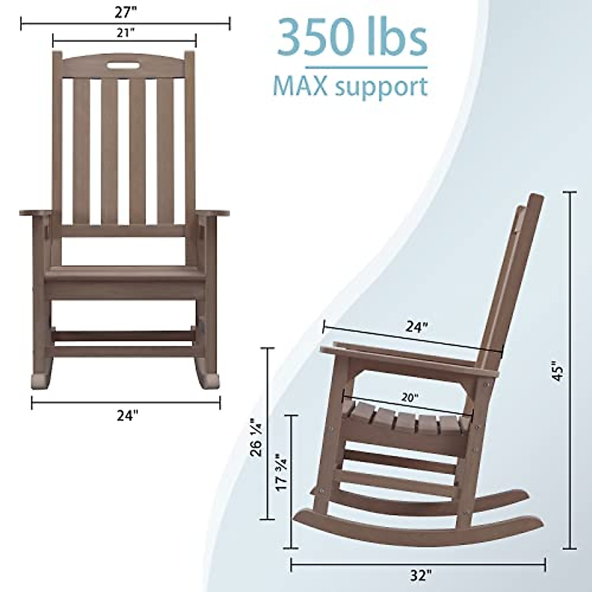 Psilvam Patio Rocking Chair, Poly Lumber Porch Rocker with High Back, 350Lbs Support Rocking Chairs for Both Outdoor and Indoor, Poly Rocker Chair Looks Like Real Wood (Brown)