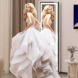 Hasipu Full Length Mirror with Lights, 56" x 16" LED Floor Mirror, Full Body Dressing Standing Mirror, Hanging Mounted Mirror for Living Room Bedroom Cloakroom, Round Black