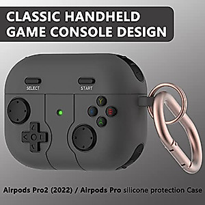 Haeuorey for Airpods Pro 2nd Generation Case with Keychain, Soft Silicone Full Protective Classic Handheld Game Console Design Case Cover, Shock-Absorbing Funny Cute 3D Case (Black)