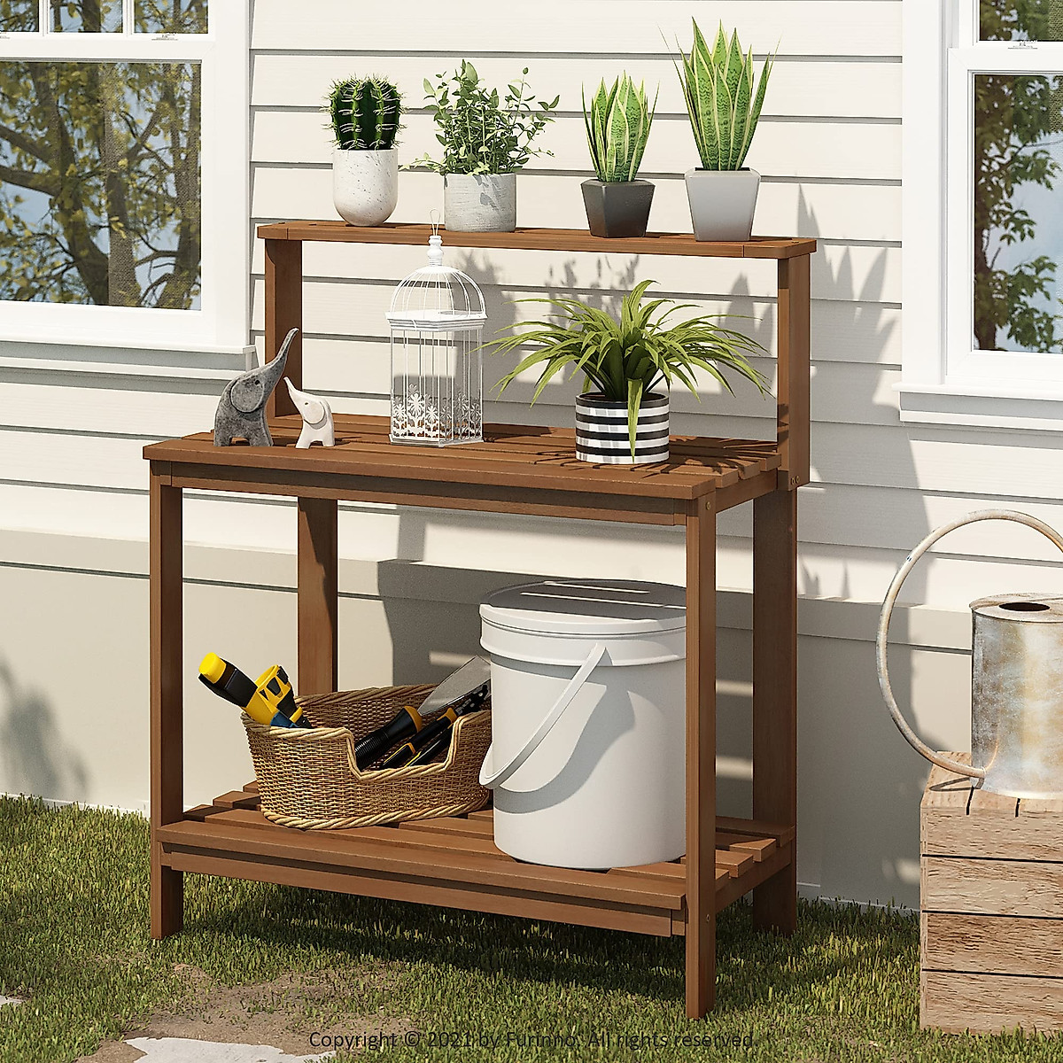 Furinno Tioman Outdoor Hardwood Potting Bench and Backless Bench