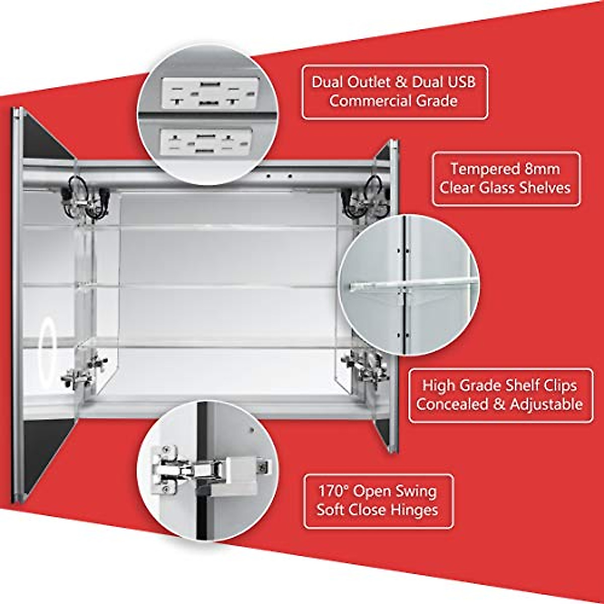 DECADOM LED Mirror Medicine Cabinet Recessed or Surface, Defogger, Dimmer, Clock, Room Temp Display, Makeup Mirror 3X, Outlets & USBs (RUBiNi 36x32)