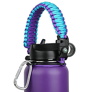 Paracord Handle - Fits Wide Mouth Bottles 12oz to 64oz - Durable Carrier, Paracord Carrier Strap Cord with Safety Ring,Compass and Carabiner - Ideal Water Bottle Handle Strap (Purple Blue Wide)