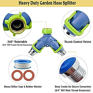Garden Hose Splitter 2 Way, Heavy Duty Y Hose Splitter with Thumb Control Valves, 3/4" Metal Two Way Faucet Splitter Shut Off Valve Hose Connector Adapter with 2 Rubber Washers