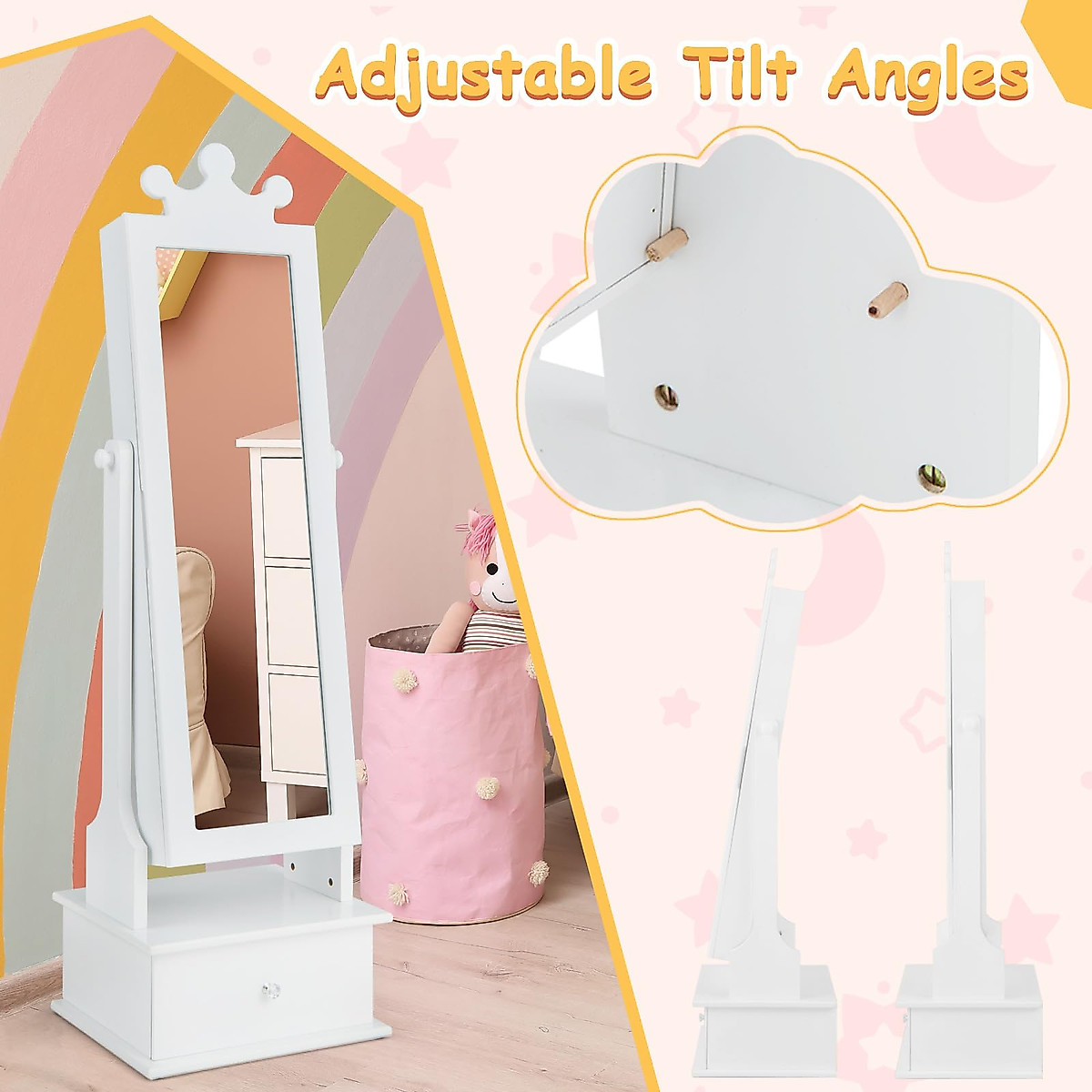 HONEY JOY Kids Jewelry Armoire Cabinet, 2-Angle Tilting Wooden Standing Jewelry Organizer with Full-length Mirror and Storage Drawers, Children Dress Up Jewelry Cabinet for Little Girls (White)