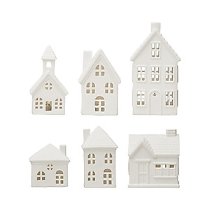 Creative Co-Op Stoneware Bisque Houses with LED Lights, White, Set of 6