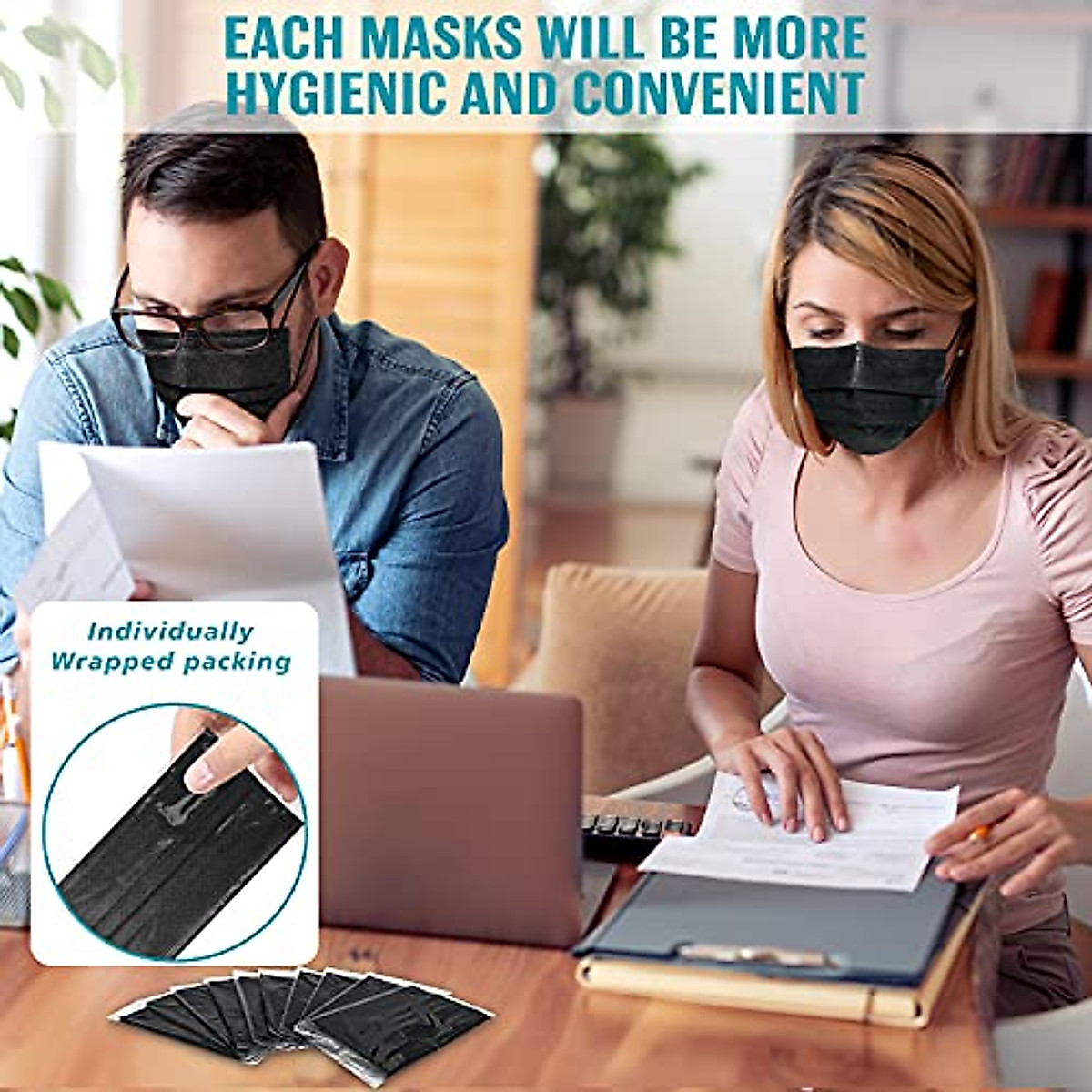 EHH Black Disposable Face Masks, Individually Wrapped, Breathable Face Mask for Men Women, 3- Ply, Comfortable Adult Masks with Adjustable Nose Wire & Elastic Ear Loop 50 Pcs, Black