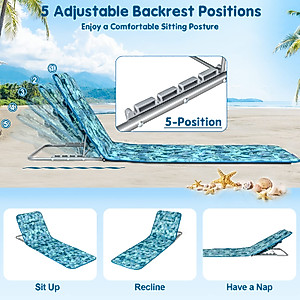 Goplus Beach Chairs with Side Table, 2 Pack Folding Lounge Chairs for Adults, with 5 Adjustable Position, Backpack Lightweight Reclining Lounge Chair for Lawn Camping Picnic Sunbath Pool (Blue&Green)