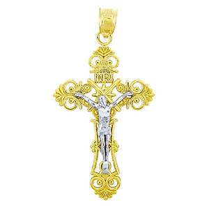 10k Two-Tone Gold Filigree-Style Trefoil Cross Charm INRI Crucifix Pendant