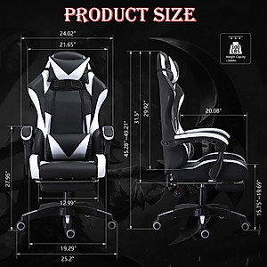 anjsindra Gaming Chair with Footrest Ergonomic Video Game Chairs Adjustable Headrest Lumbar Support High Back PU Leather Racing Style Office Computer Chair for Adults (Black+White)
