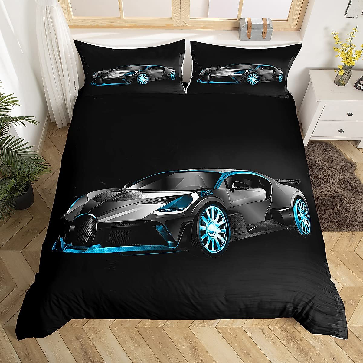 Racing Car Bedding Set for Boys Kids Teens Men Extreme Speed Sports Themed Comforter Cover Competition Bedroom Decor Full Size 3 Pcs (1 Duvet Cover +2 Pillow Shams), Luxury Black