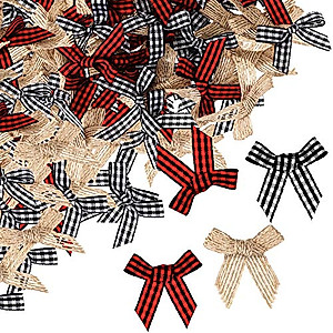 60 Pieces Christmas Mini Burlap Plaid Bows Black Red White Gingham Craft Ribbon Bow Flowers Appliques for Sewing, Scrapbooking, Xmas Tree Home Decoration DIY Making
