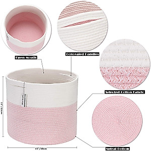 Sea Team Large Size Cotton Rope Woven Storage Basket with Handles, Laundry Hamper, Trunk Organizer, Clothes Toys Bin for Kid's Room, 15 x 13 inches, Round Open Design, White & Variegated Pink