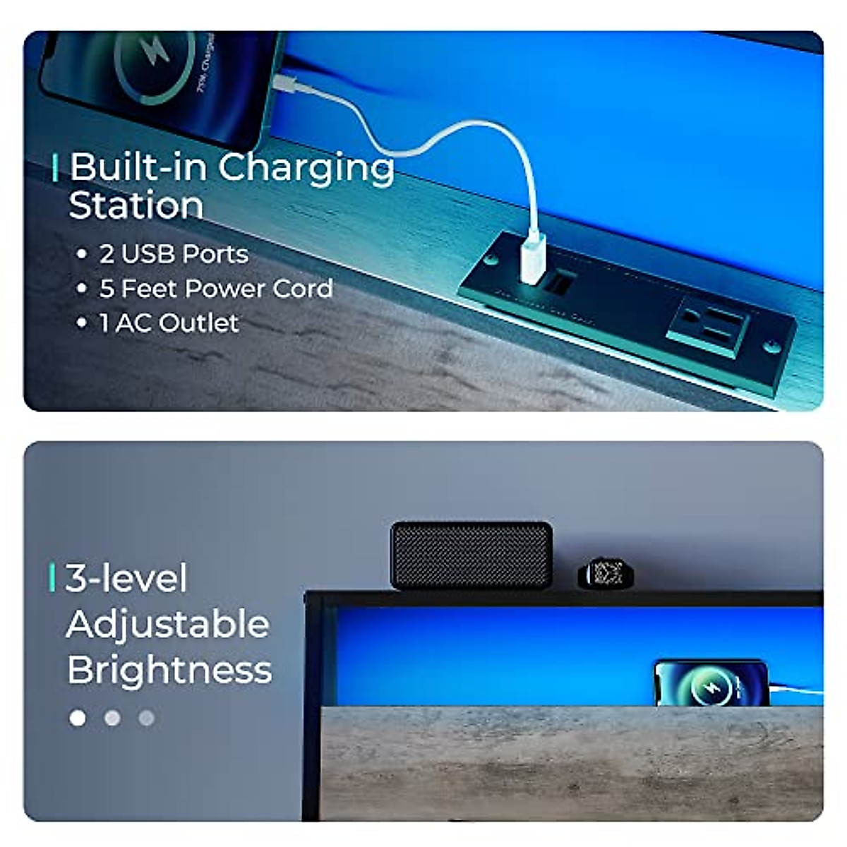 LINSY LIVING Queen Bed Frame with Headboard, Platform Metal Bed Frame with Lights, Outlets & Charger, 45 Minutes Fast Assembly Bed Queen Size with Storage, No Box Spring Needed, Greige