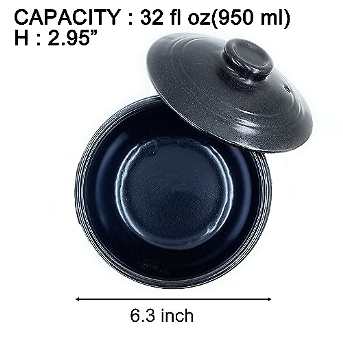 JOVELY Korean Cooking Premium Ceramic Stone Bowl(Dolsot or Ddukbaegi) Diameter 6.3'' High 2.95'' Sizzling Hot Pot for Korean food such as Bibimbap and Soup (with Lid, Wood Tray and Bowl Tongs Set)