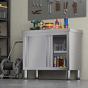 ZZV Stainless Steel Work Table Cabinet with 2 Sliding Doors, 39" x 19" Commercial Kitchen Work Table for Prep & Work, Heavy Duty Prep Table with 2-Layer Cabinet for Home, Restaurant, Garage, Warehouse