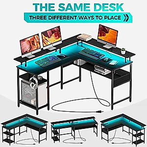 Rolanstar Computer Desk L Shaped with LED Strip & Power Outlets, Reversible L Shaped Computer Corner Desk with Monitor Stand, Home Office Gaming Desk with USB Port&Hook, Black