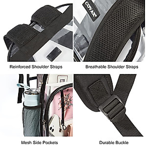 COVAX Clear Backpack, See Through Clear Bookbags, Water-resistant PVC Transparent Backpack for School, Work, Security, Sporting Events