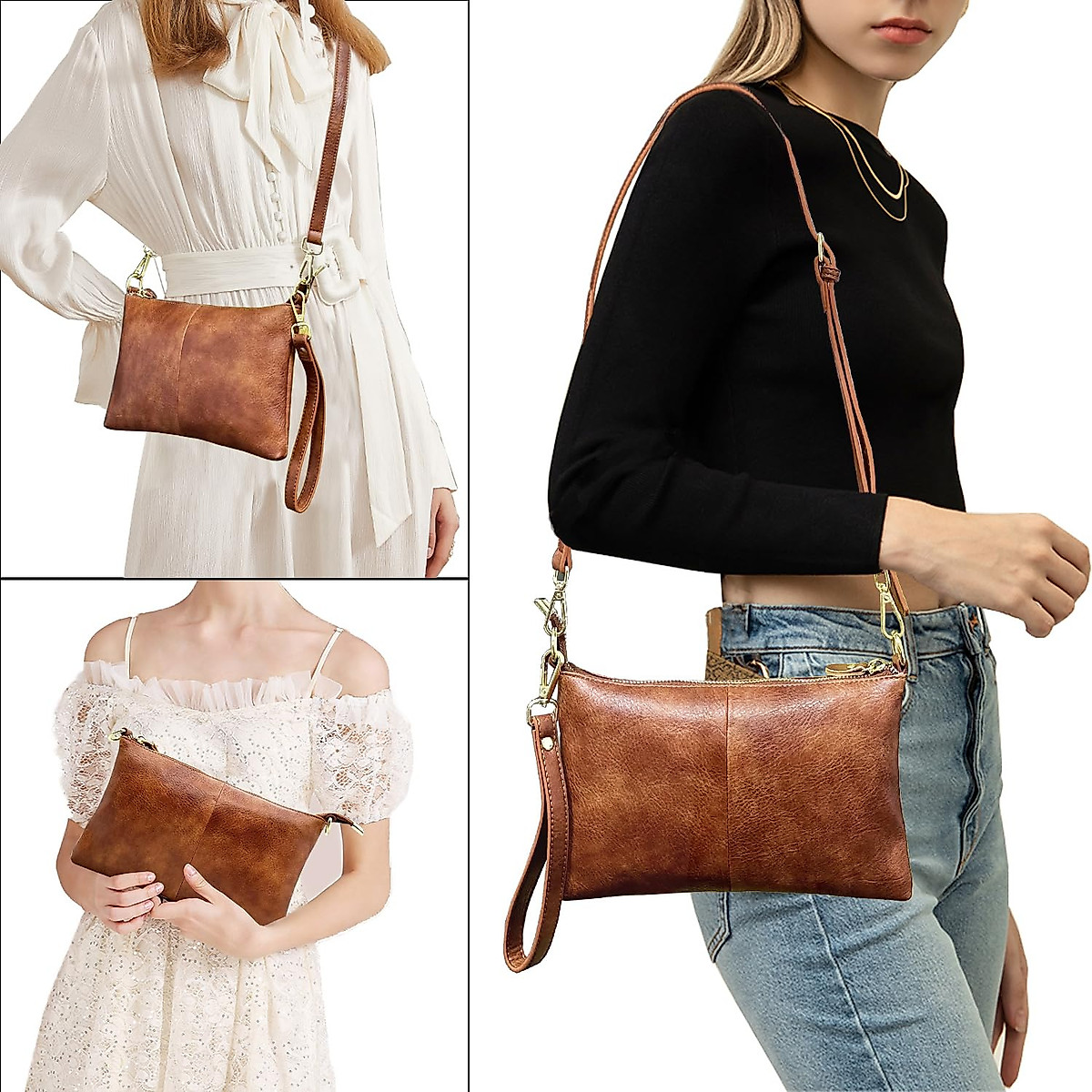 Beurlike Leather Wristlet Wallet Clutch Purses For Women Small Crossbody Phone Bags(Vegan Leather Brown)