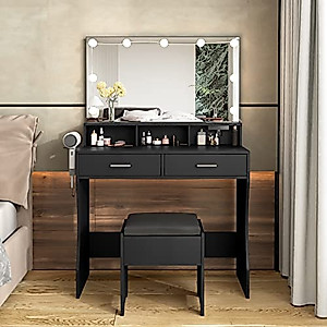 Makeup Vanity with Lighted Mirror & Power Outlet, White Vanity Set Vanity Desk, Clearance Makeup Vanity 3 Lighting Colors, Brightness Adjustable, 31.5in(W)