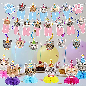 GOYOSWA Cat Birthday Party Supplies Cat Birthday Party Decorations, Cat Themed Birthday Party Supplies Includes 1 Birthday Banner, 6 Cat Honeycomb Centerpieces, 6 Hanging Swirls with 6 Cat Cutouts