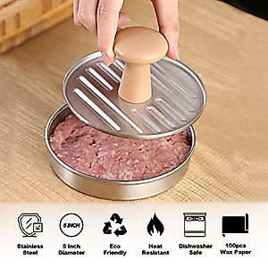 Lvpradior Burger Press, 5" Stainless Steel Non-Stick Hamburger Press Patty Maker with 100pcs Wax Paper for Stuffed Burgers Slider BBQ Barbecue Grilling