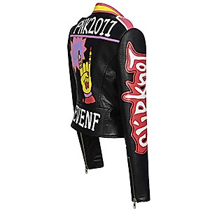 LC WANCHENG GLOBAL TRADE Women's graffiti black sexy motorcycle jacket cartoon print short punk leather jacket (Black, 4XL)